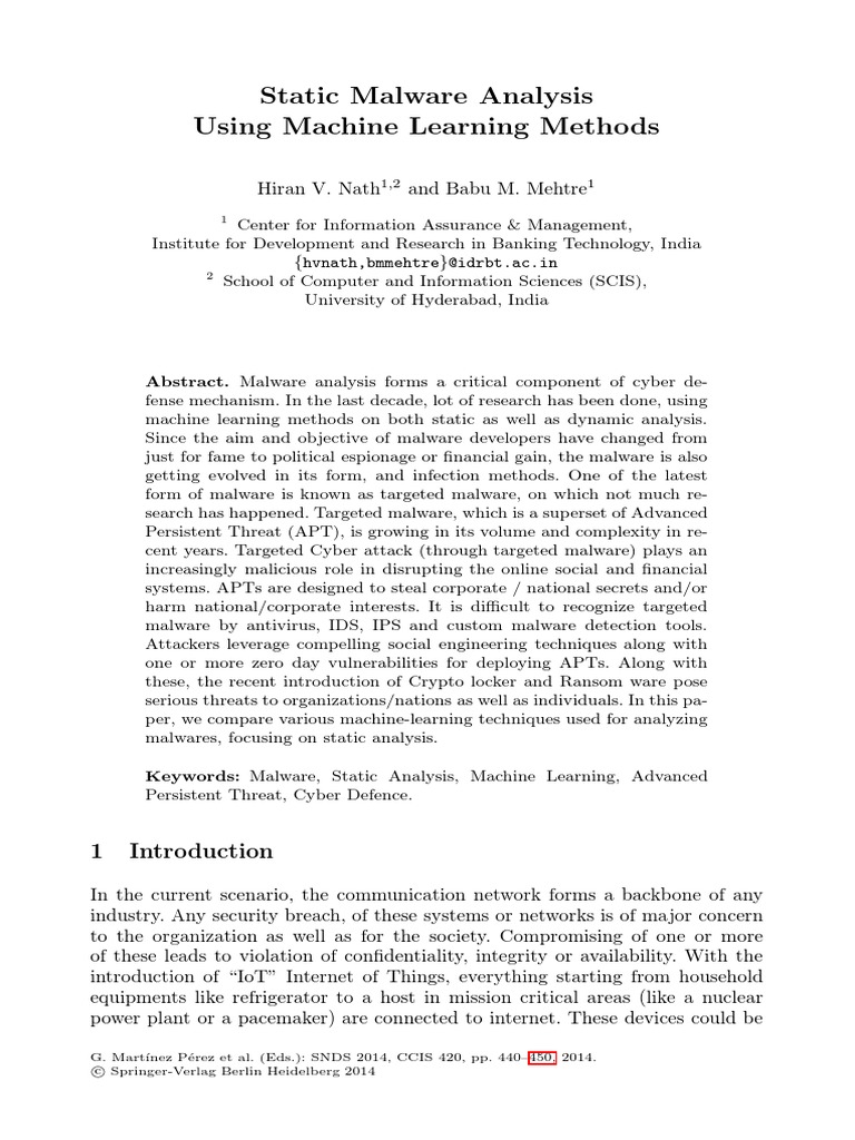 Static Malware Analysis Using Machine Learning Methods Pdf Pdf Malware Computer Virus 