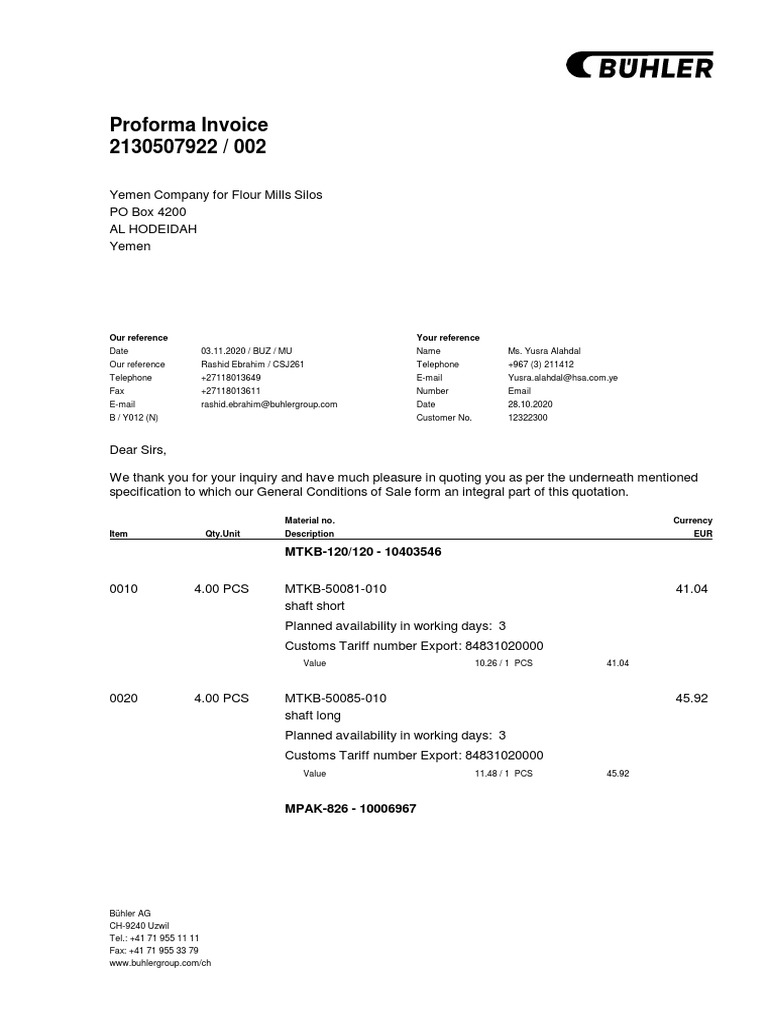 Proforma Invoice for Flour Mills Silos Parts and Equipment | PDF ...