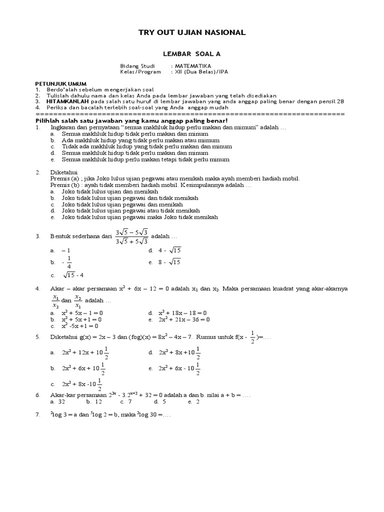 Soal Tryout Matematika Ipa Sma WWW - Examsworld.us | PDF