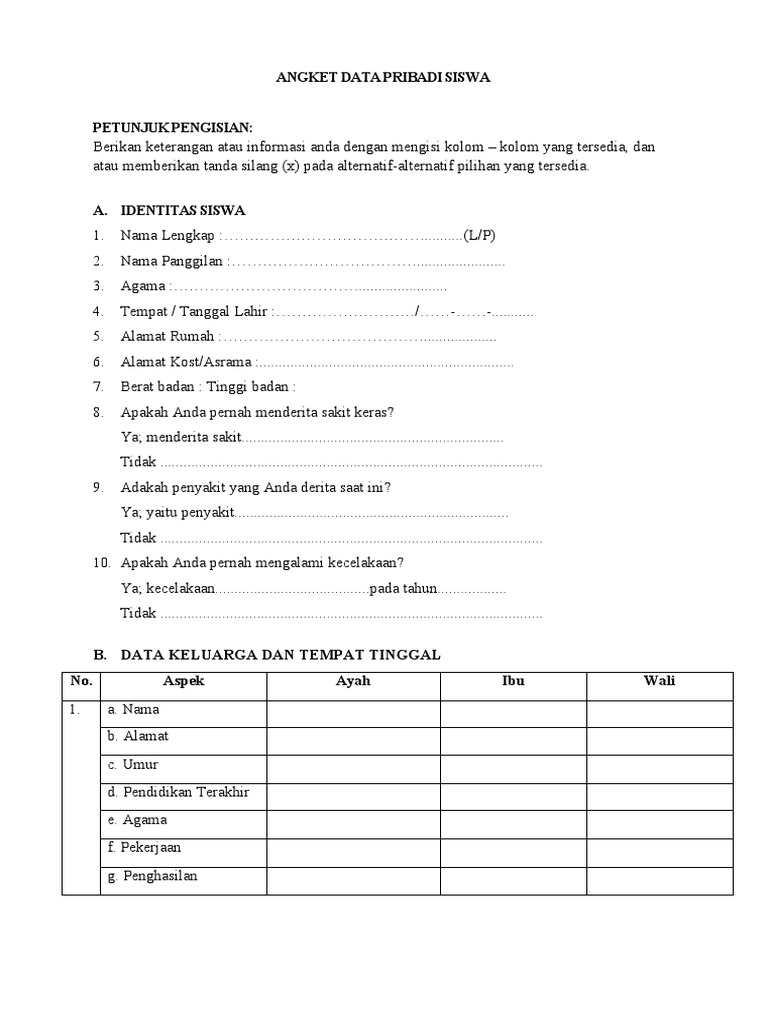 Angket Data Pribadi Siswa | PDF | Karier & Perkembangan | Pengembangan Diri