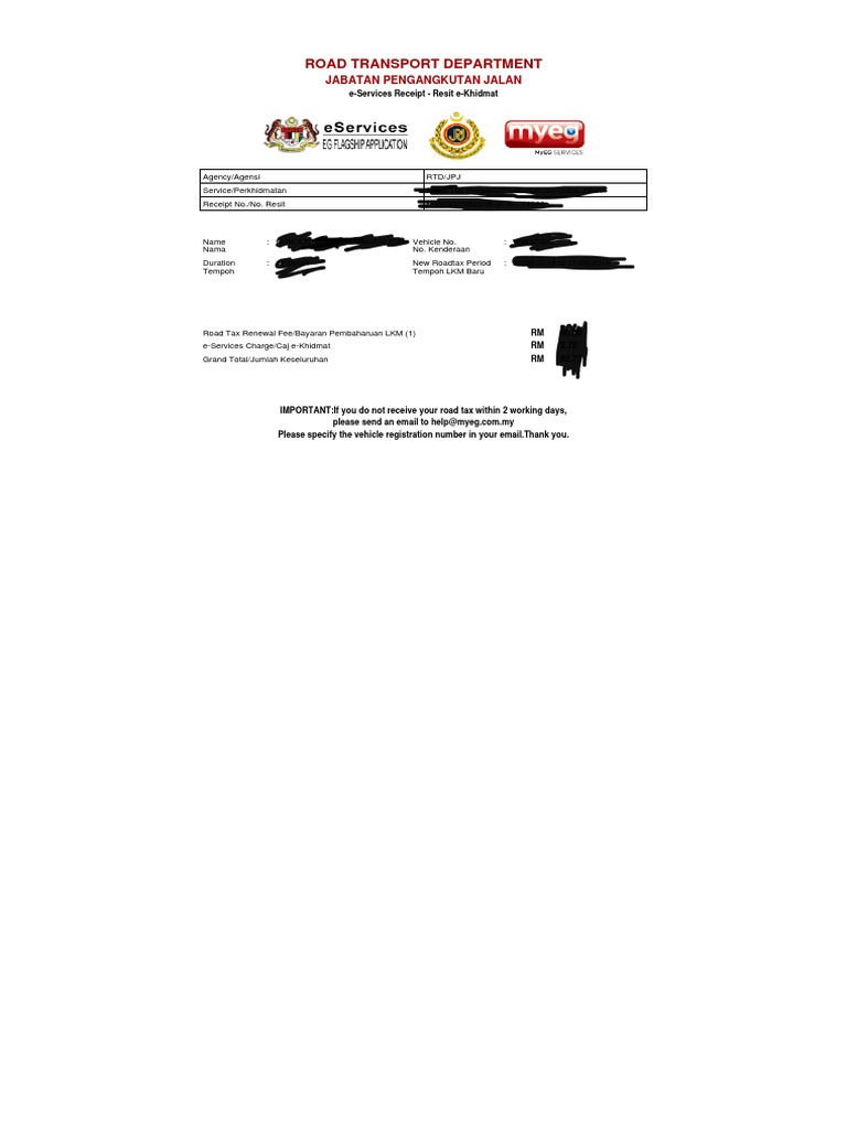 Road Tax Renewal Receipt e-Services | PDF