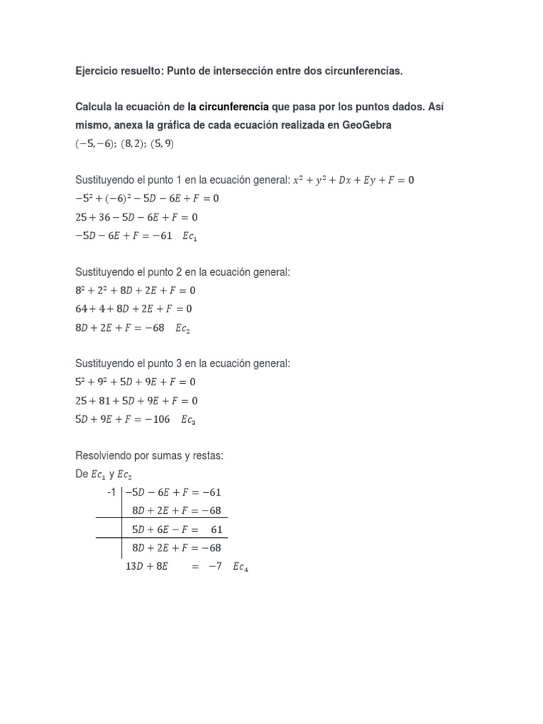 Ejercicios Resueltos Punto de Intersección Entre Dos Circunferencias | PDF | Álgebra | Matemáticas