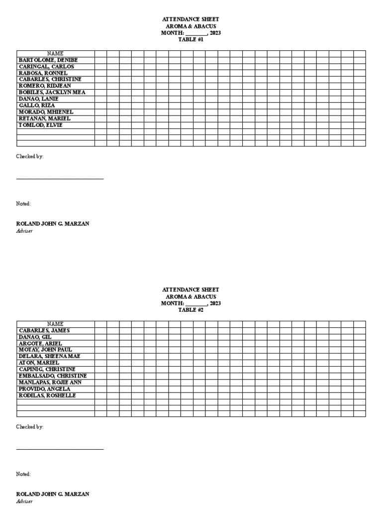 Attendance Sheet Per Table. Aroma-Abacus | PDF | Home & Garden