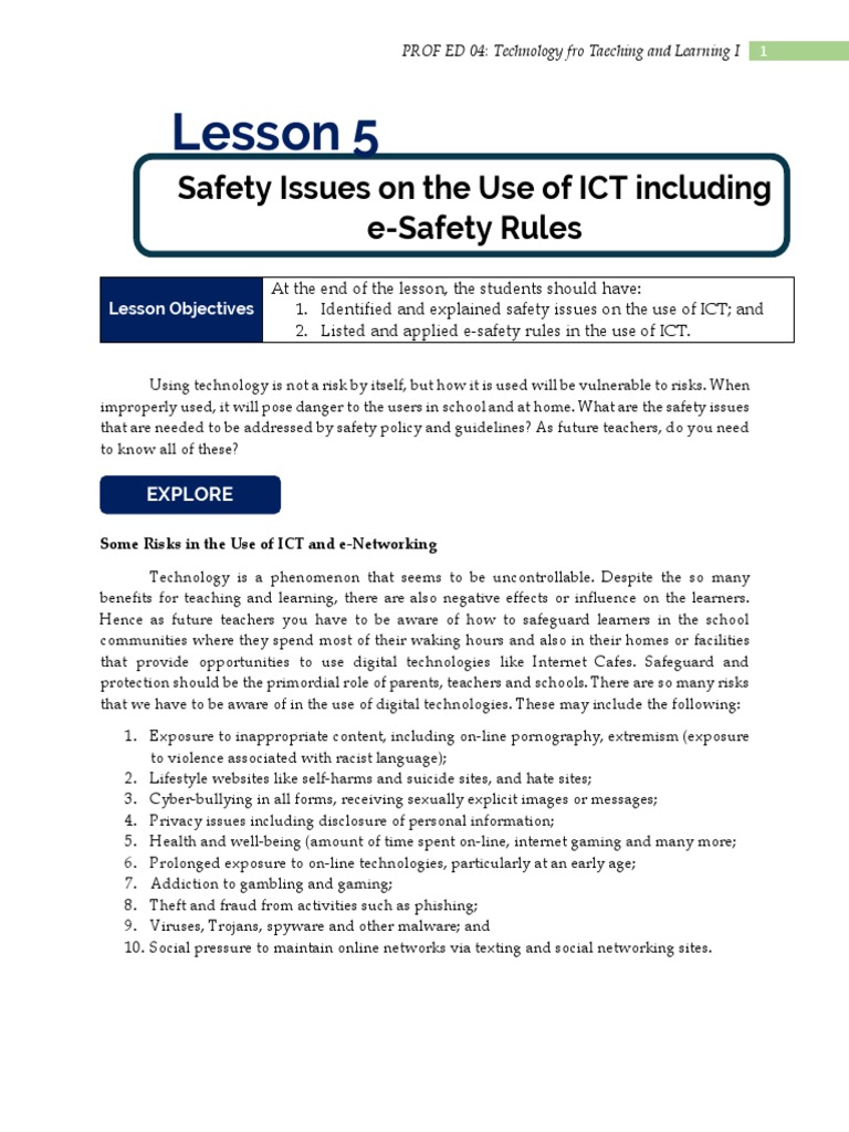 LESSON 5 Safety Issues On The Use of ICT Including E-Safety Rules | PDF ...
