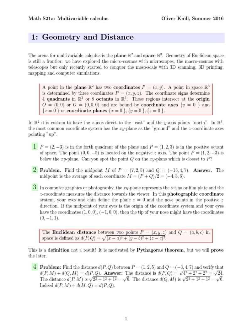 Week 1 Pdf Cartesian Coordinate System Euclidean Vector