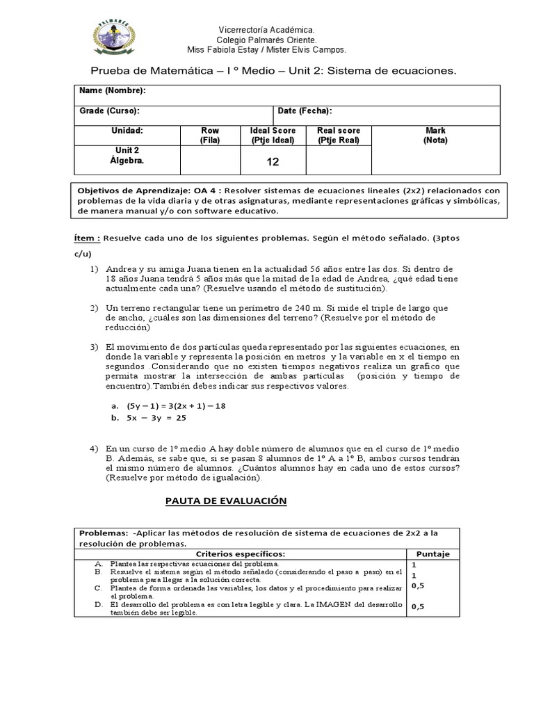 Prueba 1º Medio Sistema de Ecuaciones PROBLEMAS | PDF