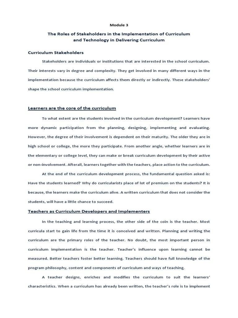 The Roles of Stakeholders | PDF | Curriculum | Teachers