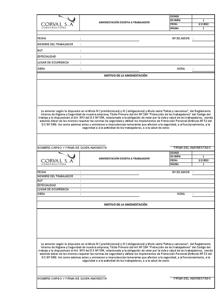 Amonestación escrita a trabajador por incumplimiento de normas de ...