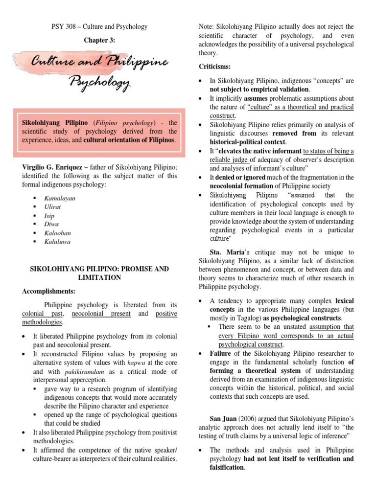 PSY 308 Culture and Philippine Psychology Reviewer | PDF | Psychology | Cognitive Science