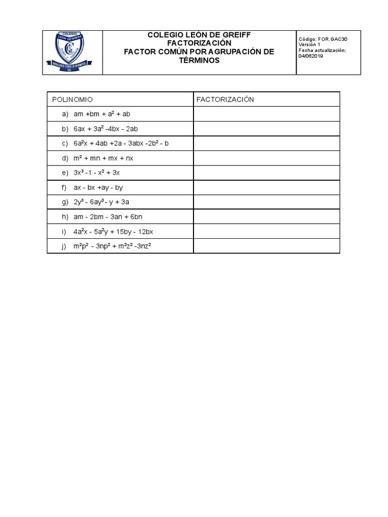 Taller Factor Común Por Agrupación | PDF