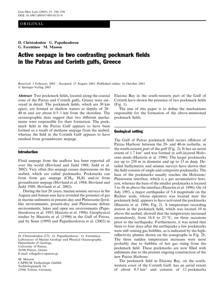 Pockmark Seepage in Patras and Corinth | PDF | Seabed | Sea