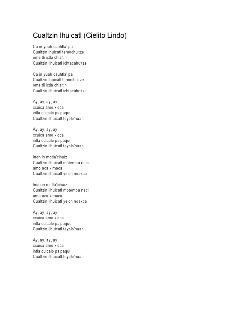 Cualtzin Ihuicatl Cielito Lindo | PDF