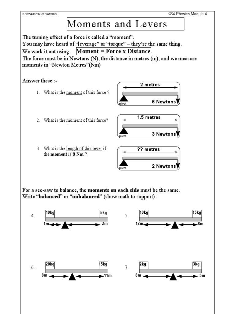 Moments and Levers Worksheet | PDF