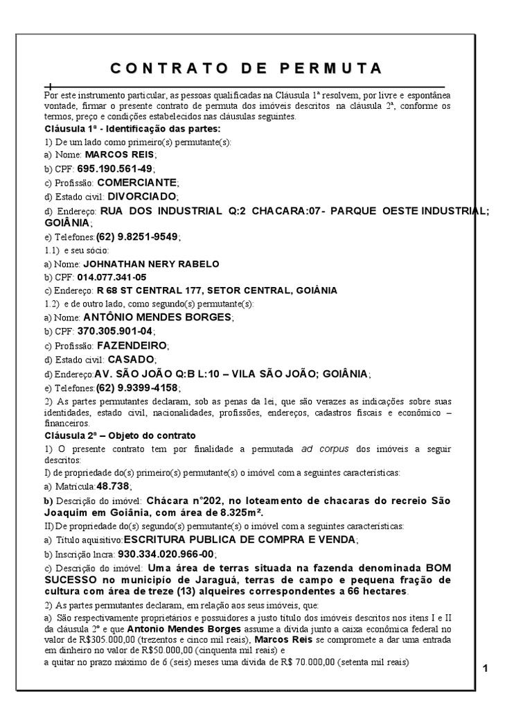 Contrato de permuta de imóveis residenciais e rurais estabelece termos ...