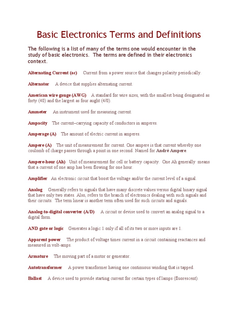 Basic Electronics Terms and Definitions | Download Free PDF | Voltage | Electric Power
