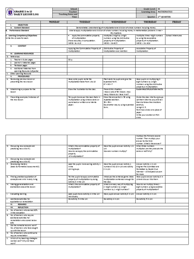 DLL - Mathematics 3 - Q2 - W2 | PDF | Multiplication | Learning