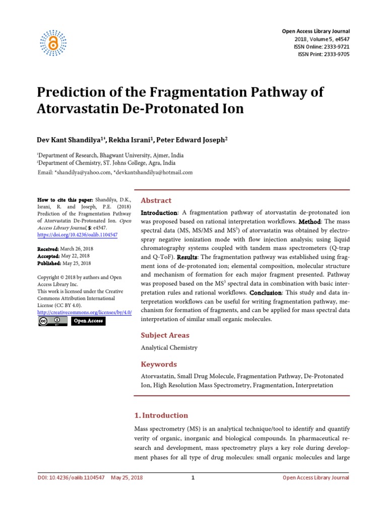 Prediction of The Fragmentation Pathway of Atorvastatin De-Protonated ...