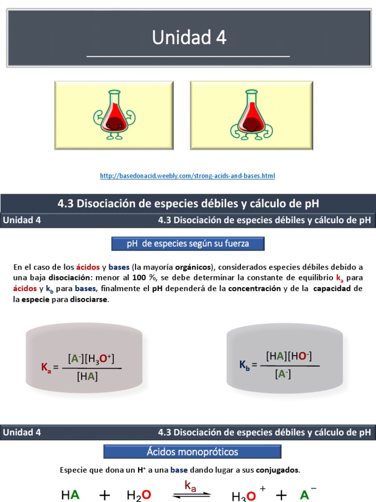 4.3 Disociación de Especies Débiles y Cálculo de PH | PDF | Ácido | Constante de disociación ácida