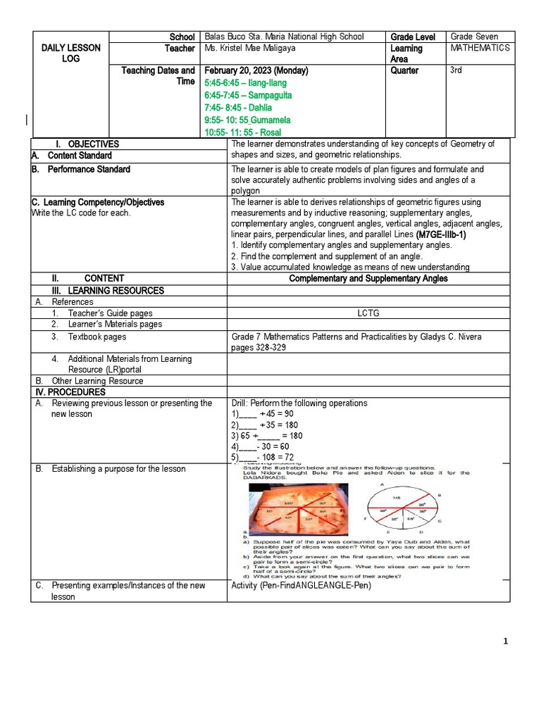 3.4 (Complementary and Supplementary Angles) 1 | PDF | Angle | Learning
