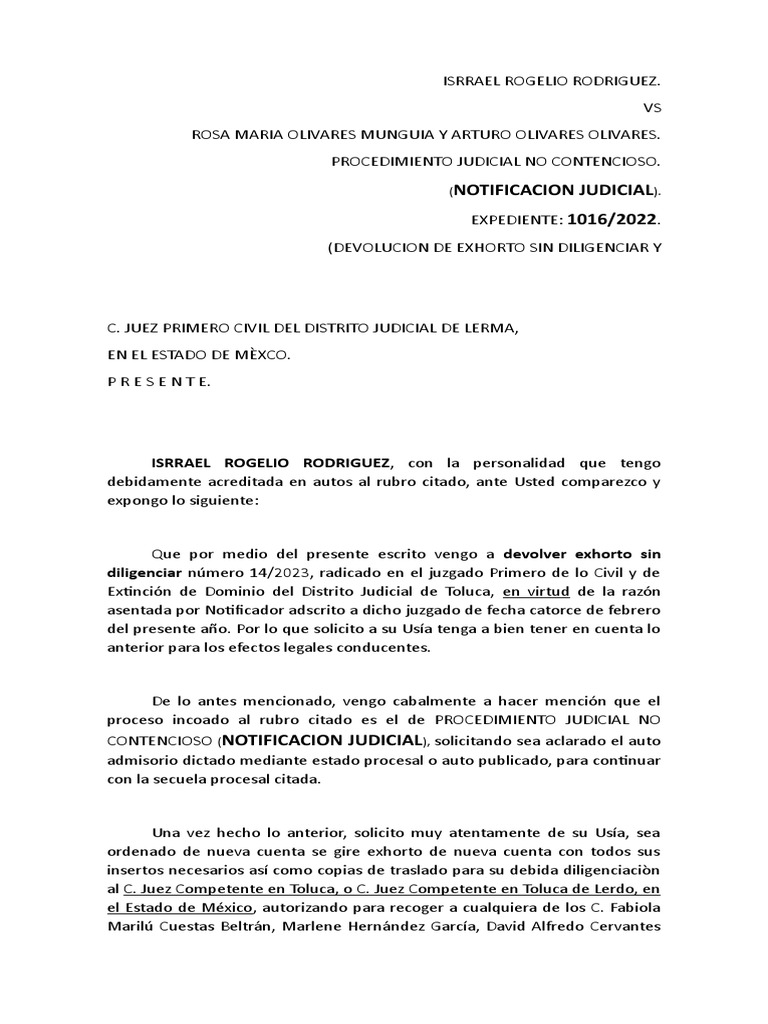 Devolución de Exhorto Judicial en Toluca | PDF | Esfera pública | Separación de poderes