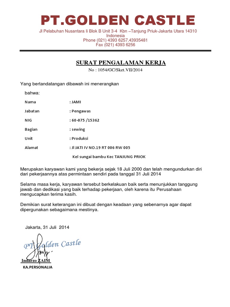 Surat Pengalaman Kerja Jami di Golden Castle | PDF