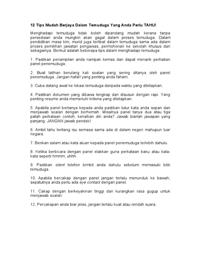 Tips Sukses Temuduga: 12 Langkah Mudah | PDF | Karier & Perkembangan