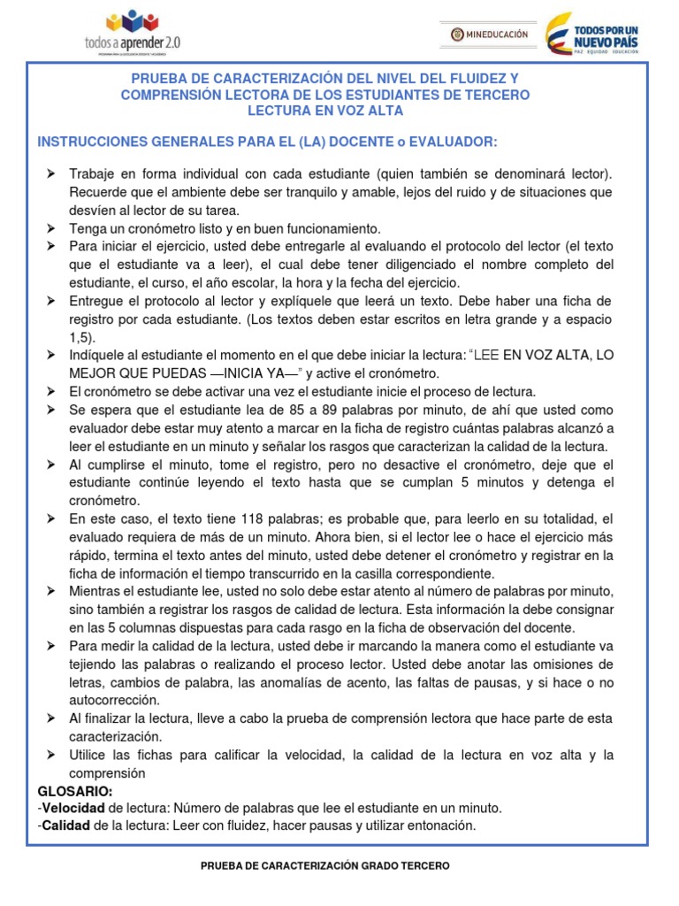 Evaluación de Fluidez y Comprensión Lectora | PDF | Comprensión lectora ...