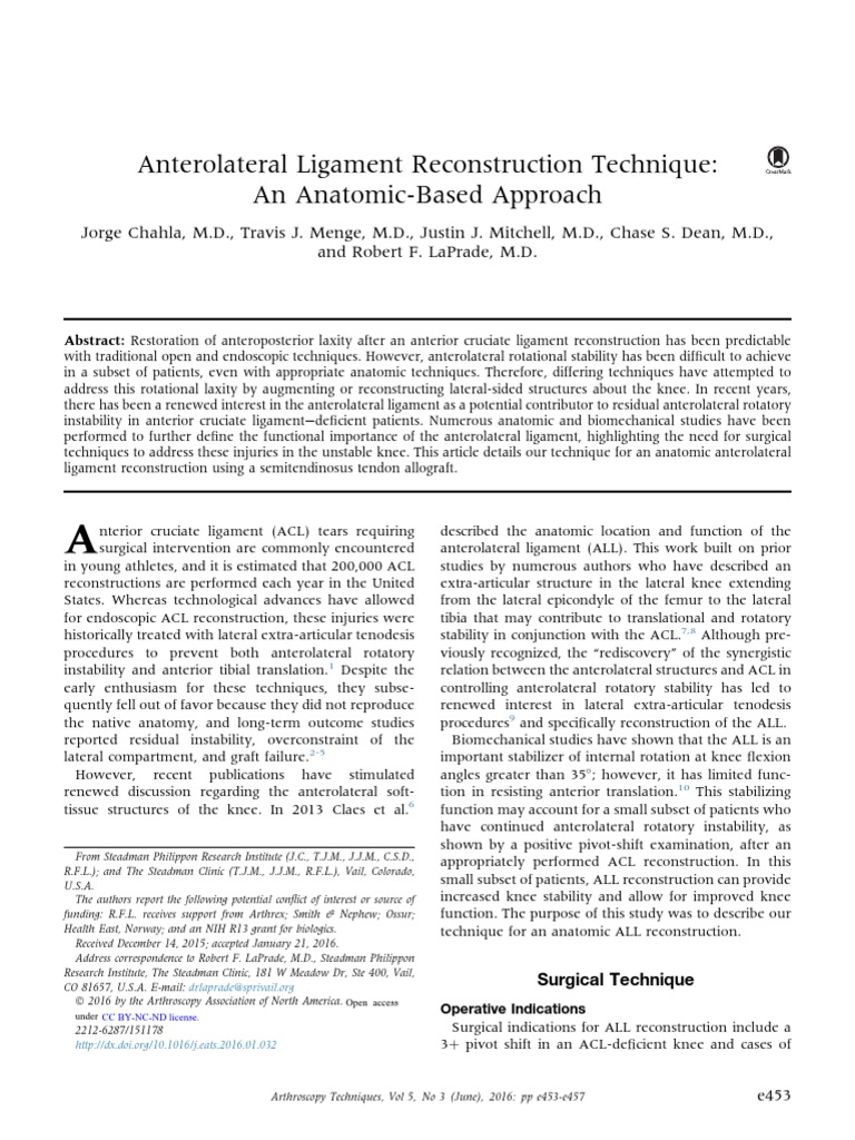 Anterolateral Ligament Reconstruction Technique An Anatomic Based | PDF ...