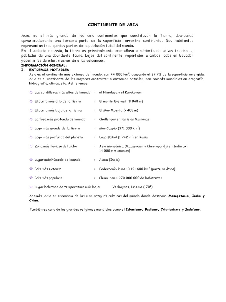 El continente de Asia: grandes contrastes y extremos notables | PDF