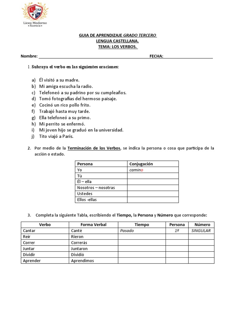 Taller 3 Básico Lenguaje Guía De Verbos Pdf Verbo Gramática