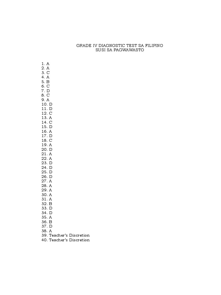 Answer Key Filipino 4 Diagnostic Test | PDF | Teaching Methods ...
