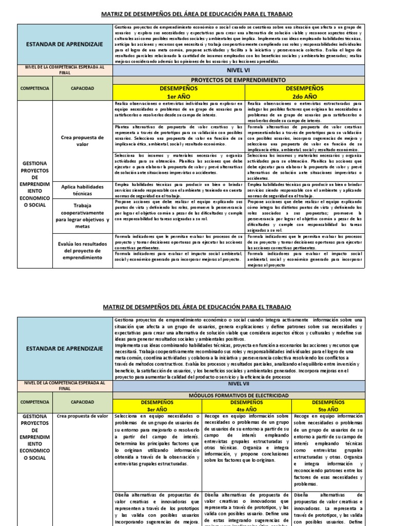 MATRIZ EPT Desempeños, Capacidades, Competencia y Standares | PDF | Aprendizaje | Iniciativa ...