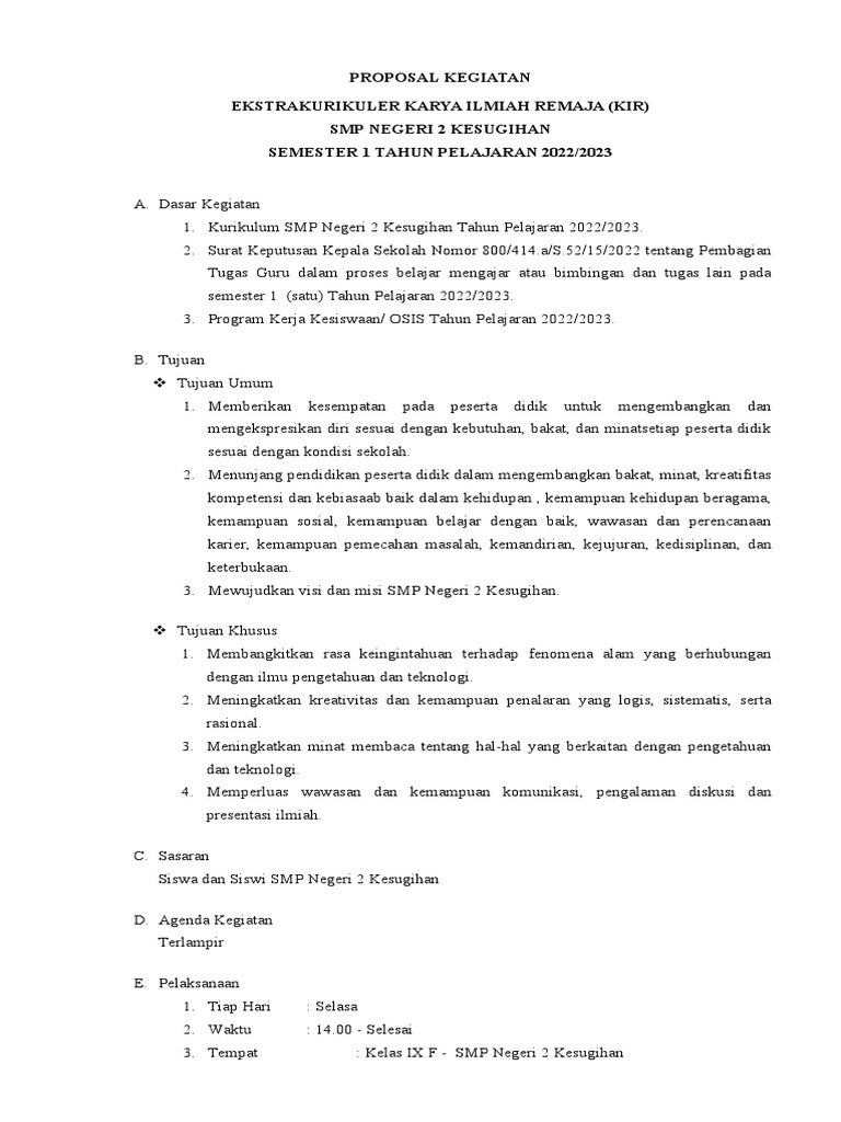 Proposal Ekstrakurikuler KIR SMPN 2 Kesugihan | PDF | Karier & Perkembangan