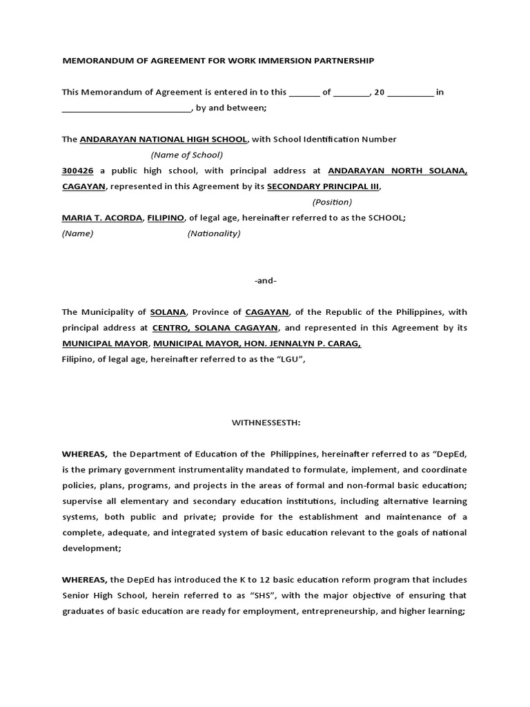 Memorandum of Agreement For Work Immersion Partnership Lgu | PDF ...