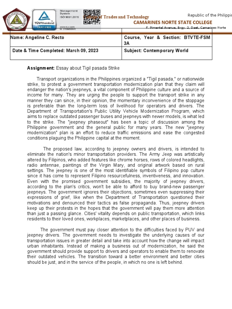 Essay-Tigil Pasada Strike (Angeline C. Recto BTVTE-FSM 3A) | PDF ...