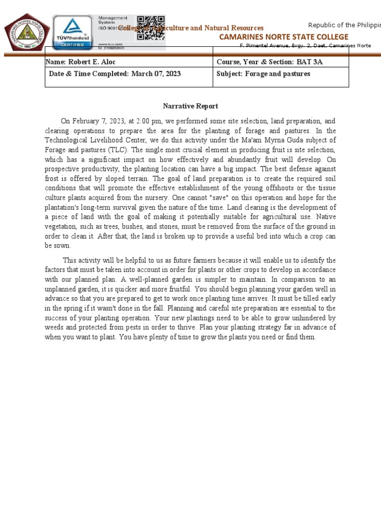 Narrative Report (Robert E. Aloc BAT 3A) | PDF | Agriculture | Natural ...