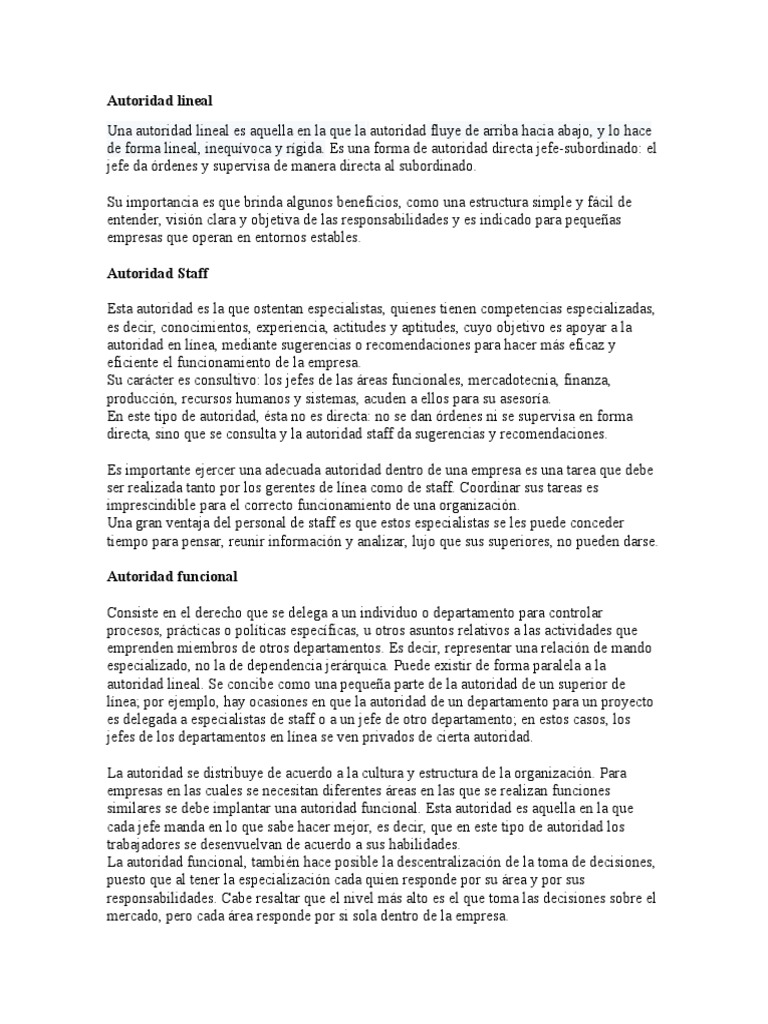 Autoridad Lineal, Staff y Funcional | PDF | Gestión de recursos humanos ...