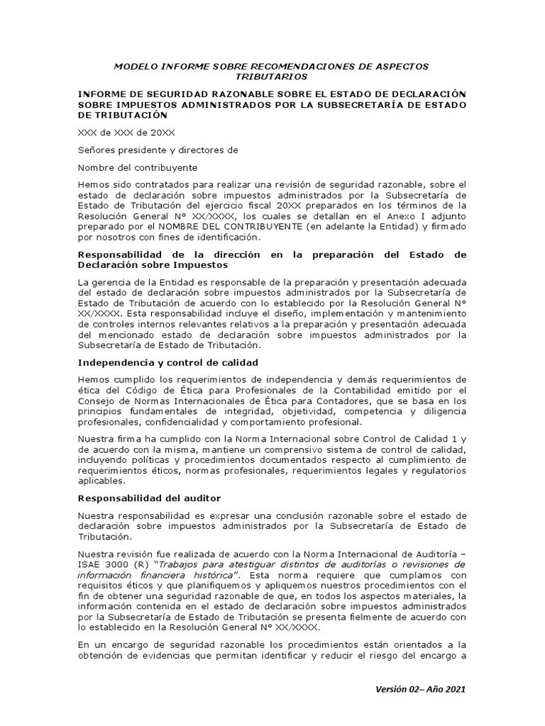 Modelo Informe Sobre Recomendaciones de Aspectos Tributarios Versión 2 | PDF | Impuestos | Auditoría