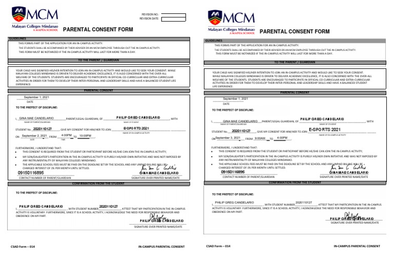 CSAD Form 014 PARENTAL CONSENT FORM - IN CAMPUS - CANDELARIO | PDF | Family | Social Institutions