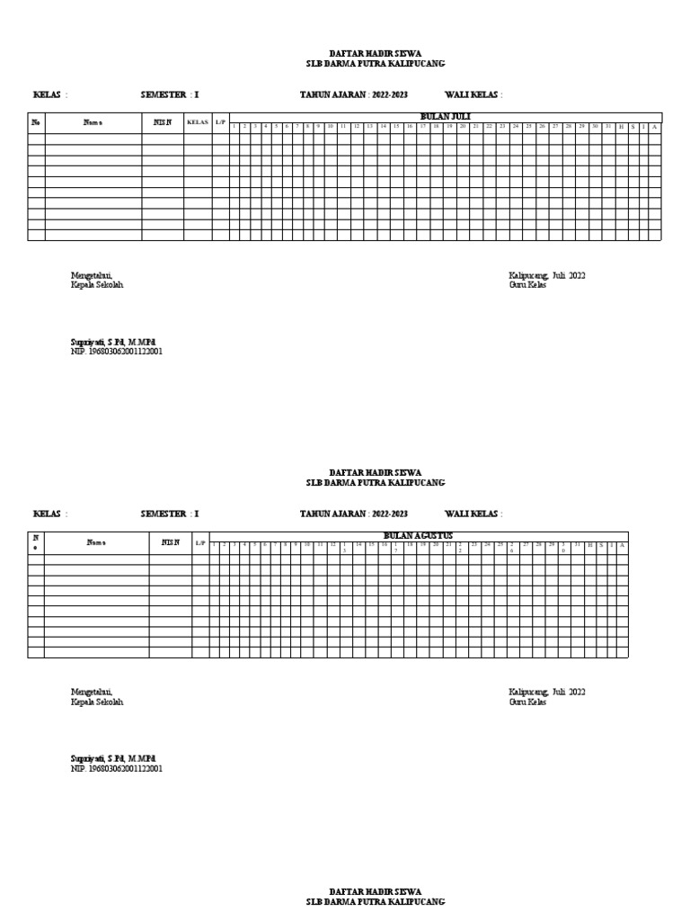 Format Daftar Hadir Siswa | PDF
