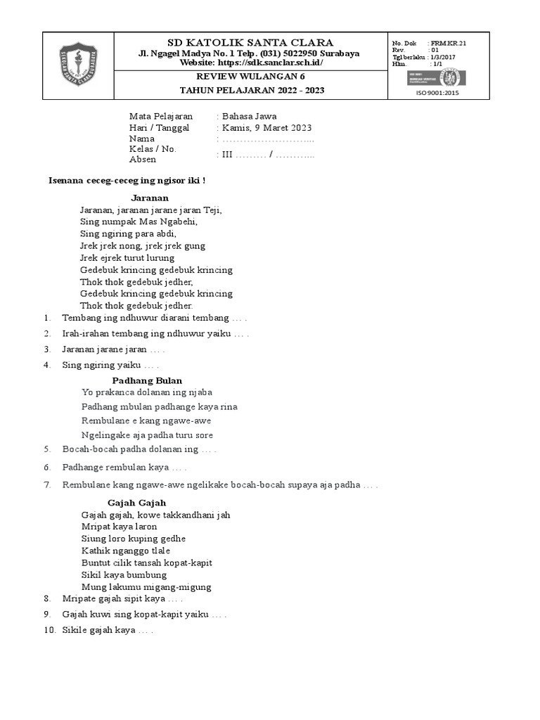 Soal Review B Jawa Wul 6 Kamis 9 Maret 2023 PDF | PDF