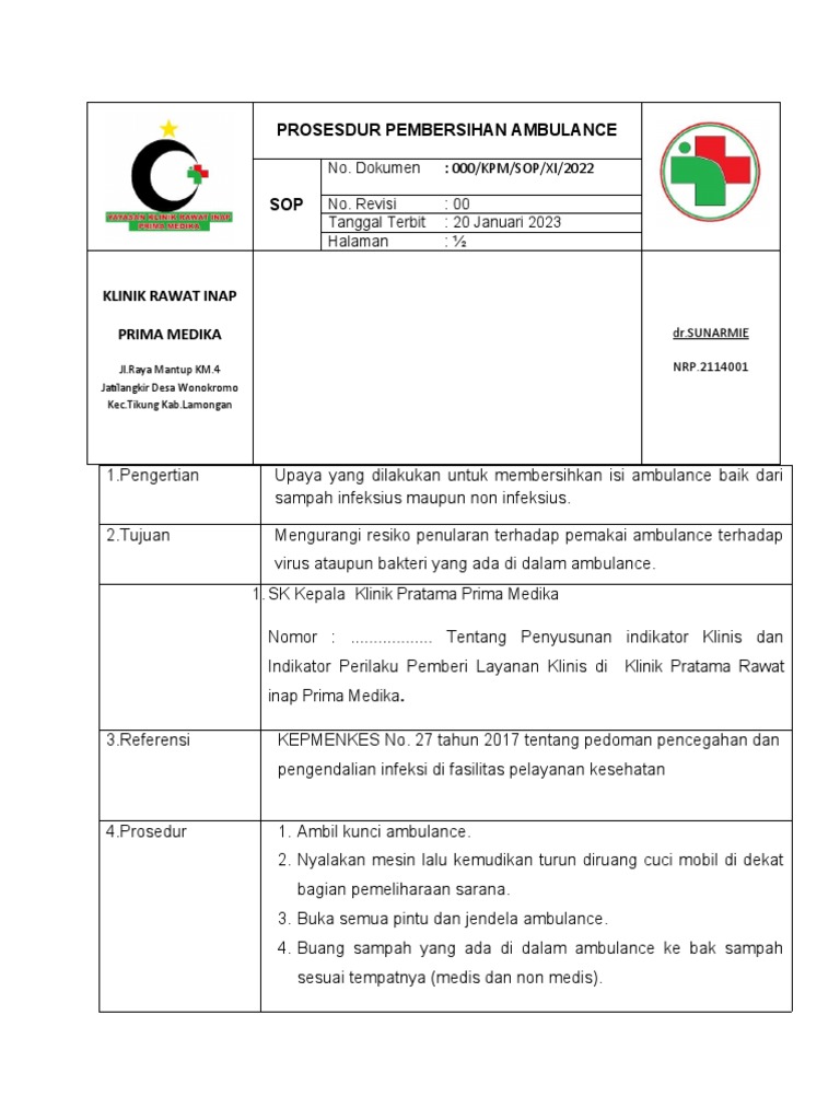 Sop Prosesdur Pembersihan Ambulance | PDF