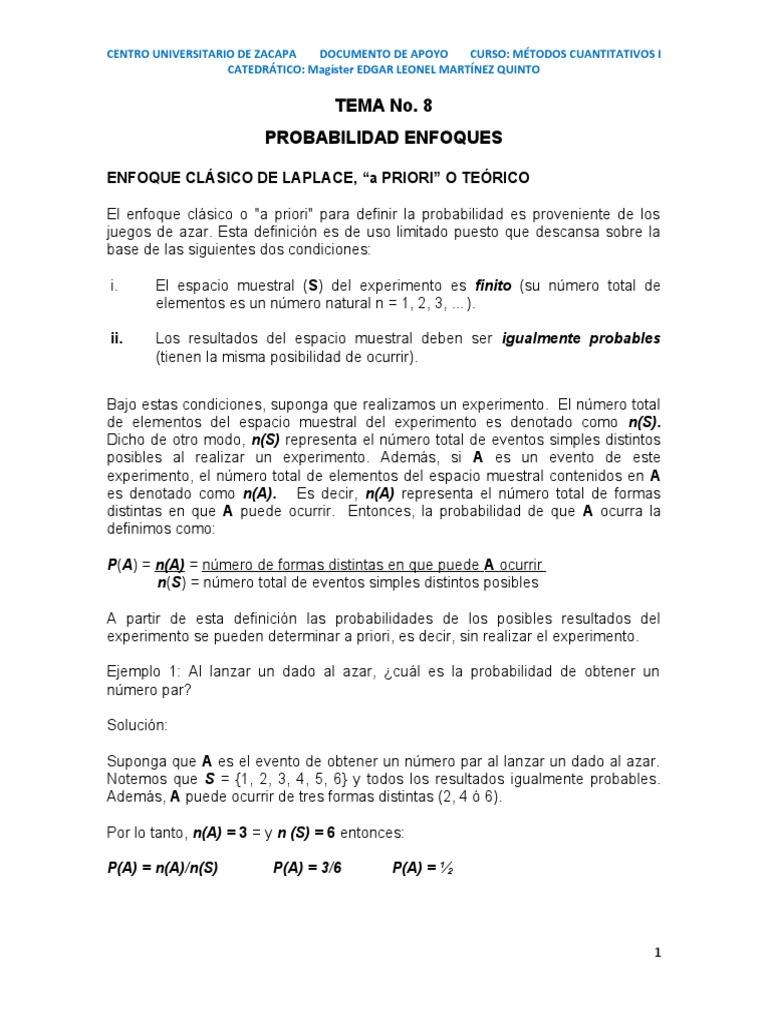 Documento de Apoyo TEMA No 8 Probabilidad Enfoques | PDF | Probabilidad | Experimentar