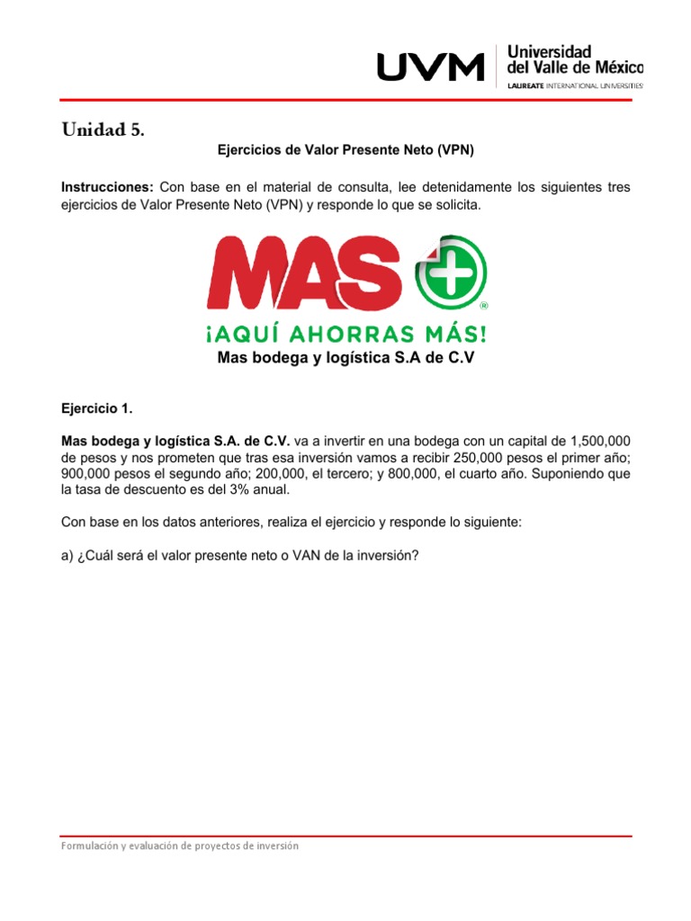 U5 - Actividad7 - Ejercicios de Valor Presente Neto (VPN) | PDF