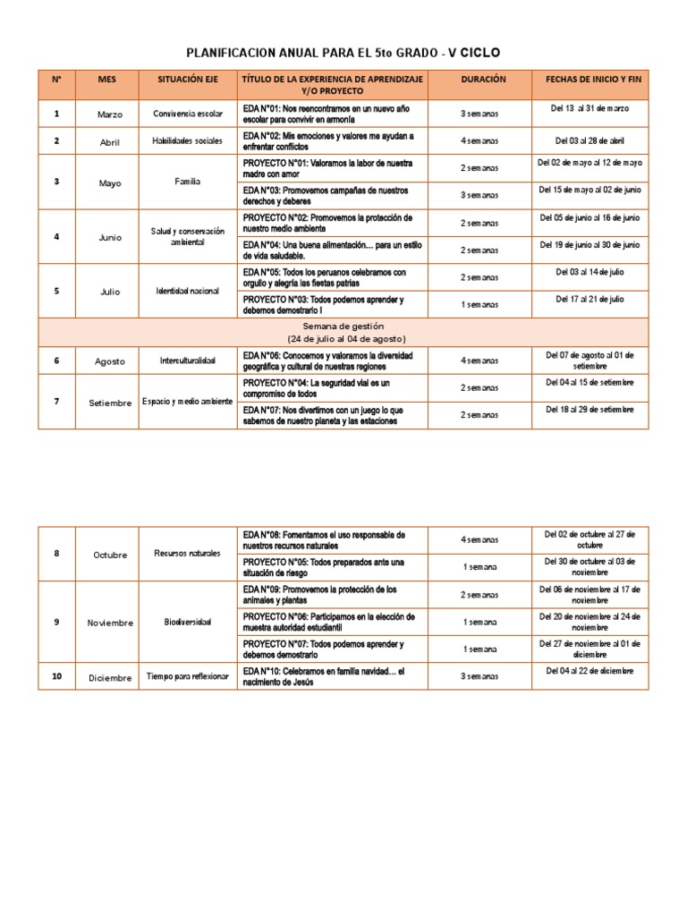 Plan Anual Quinto Grado Primaria | PDF