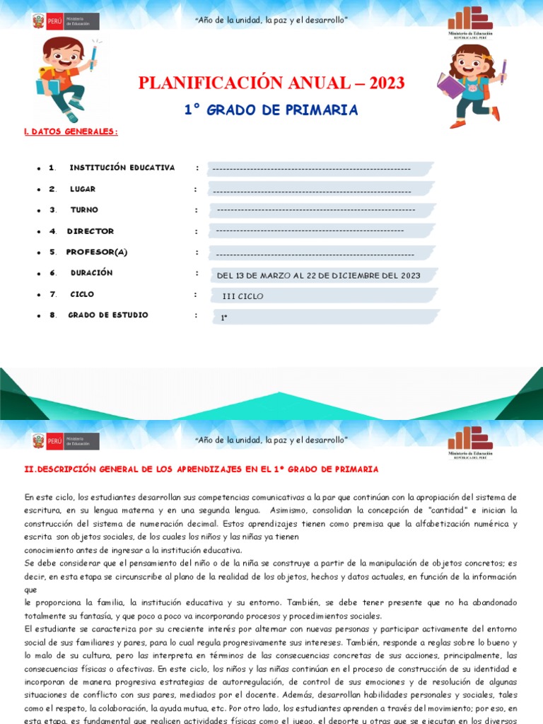 Planificación anual para el primer grado de primaria en el año 2023 | PDF | Aprendizaje ...