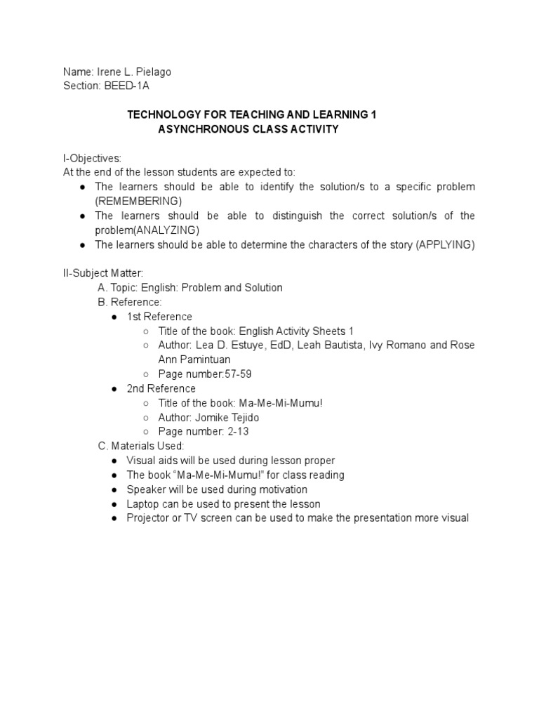 BEED 1A - Pielago, Irene - Asynchronous Class Activity Lesson Planning ...