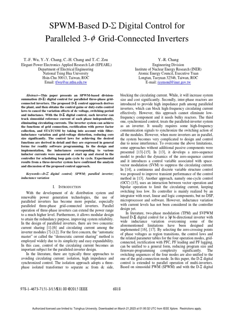 SPWM-based D - Digital Control For Paralleled 3 - Grid-Connected Inverters PDF | PDF | Power ...