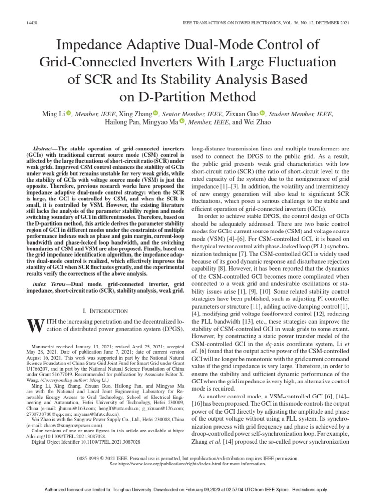 Impedance Adaptive Dual-Mode Control of Grid-Connected Inverters With Large Fluctuation of SCR ...