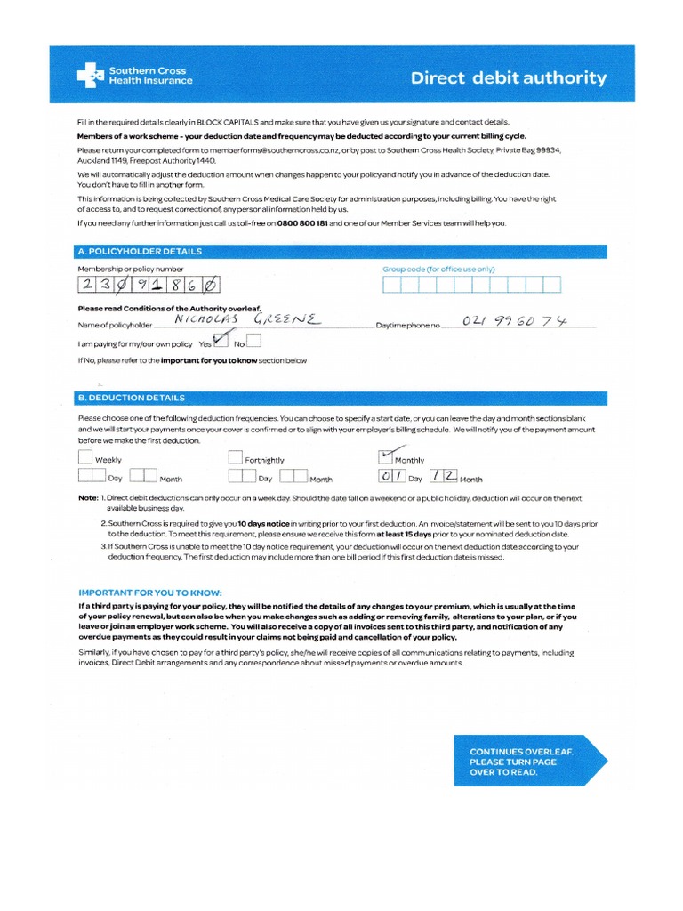 Southern Cross Direct Debit Form | PDF